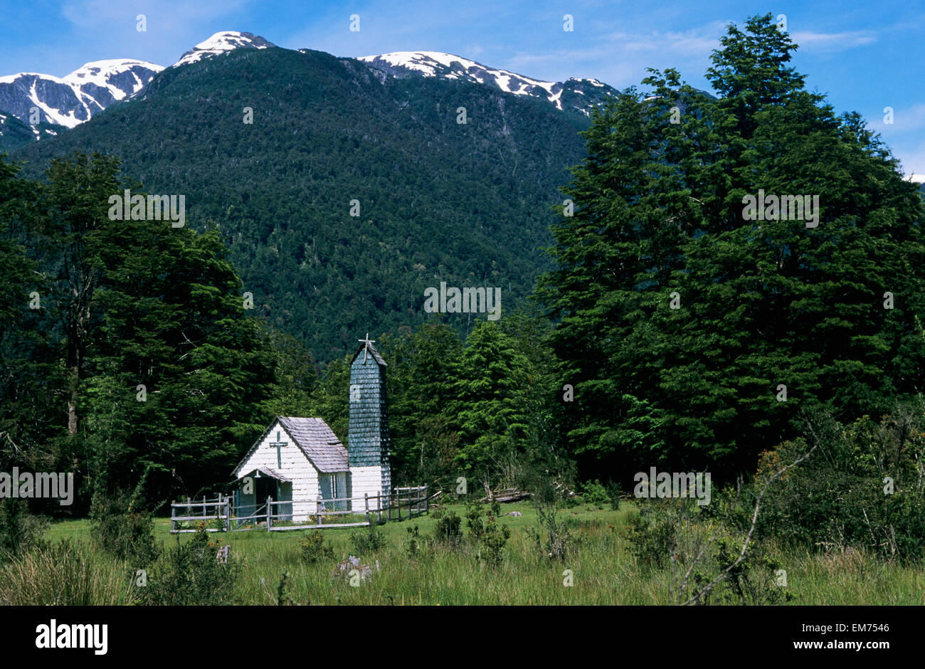 Chile, Mountains in background; Andes Mountains, Small white church in ...