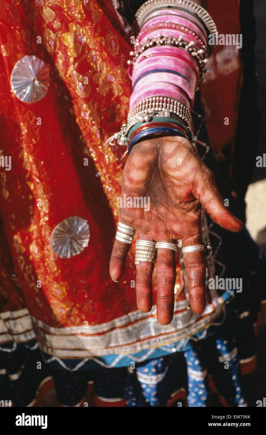 India, Rajasthan, Close-Up Of Villager Hand Painted With Red Designs ...