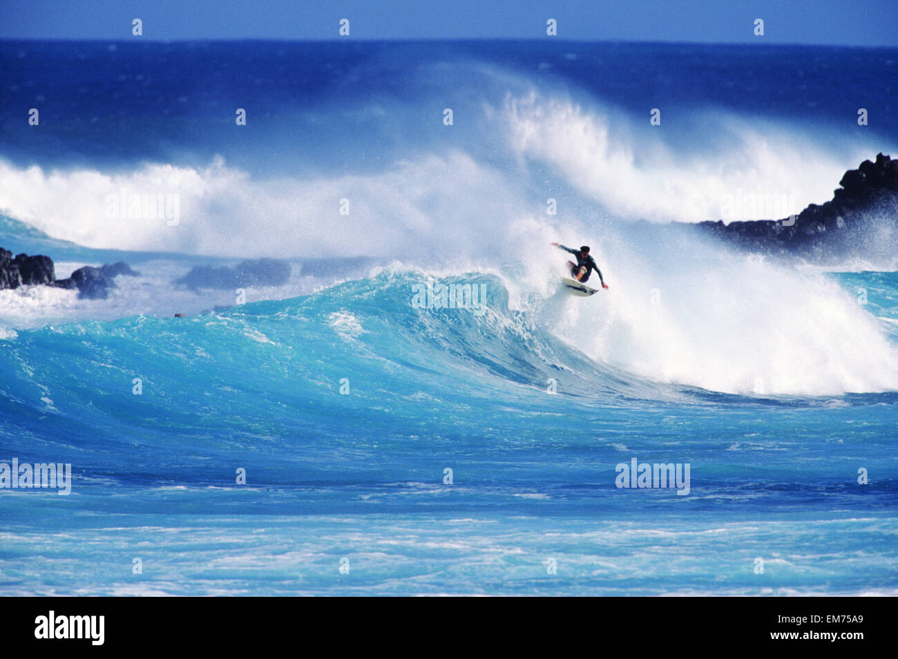 Hawaii, Maui, Hookipa Beach Park, Pavillions, Surfer Riding Crashing ...