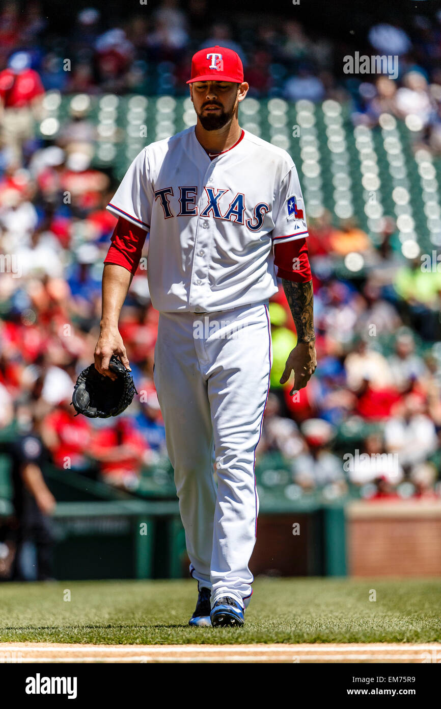 Arlington, TX, USA. 15th Apr, 2015. Texas Rangers starting pitcher ...