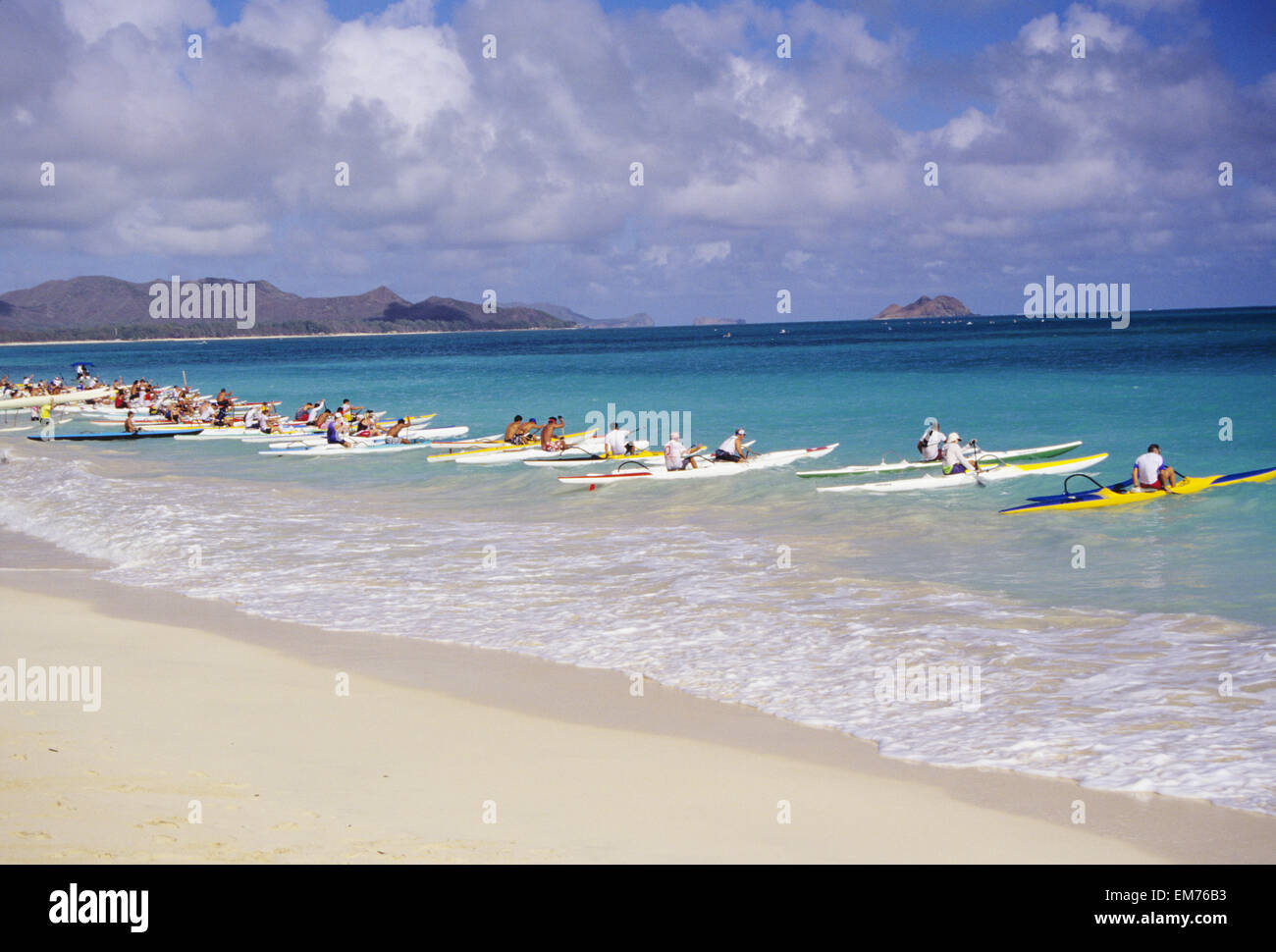Hawaii, Oahu, Waimanalo, Paddlers Line Up One-Man Canoes Just Offshore ...