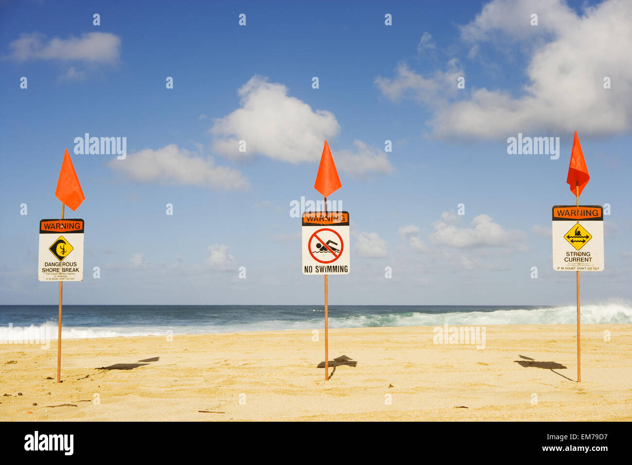 Hawaii, Oahu, North Shore, Warning Signs Posted On The Beach Stock ...