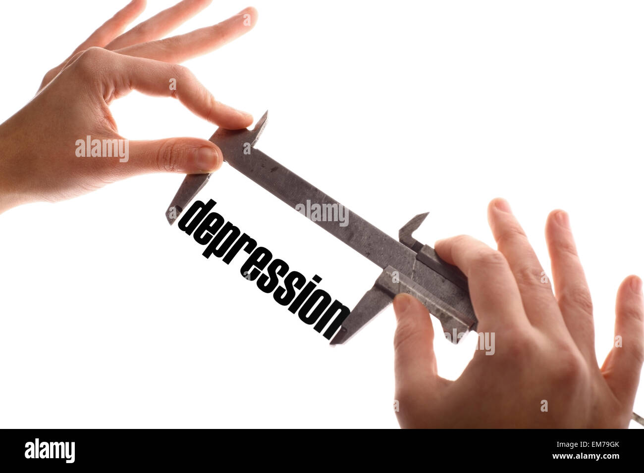 Color horizontal shot of two hands holding a caliper and measuring the ...