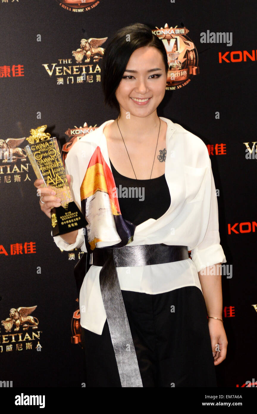 Macao, China. 16th Apr, 2015. Singer Zhou Bichang is awarded "Most ...
