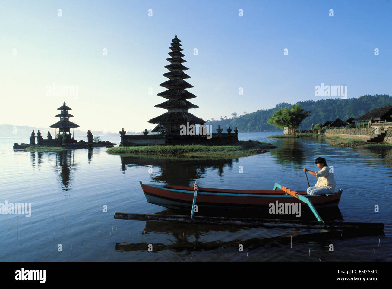 Indonesia, Bali, Ulu Danu Temple At Sunrise, Canoe Paddling By No Model ...
