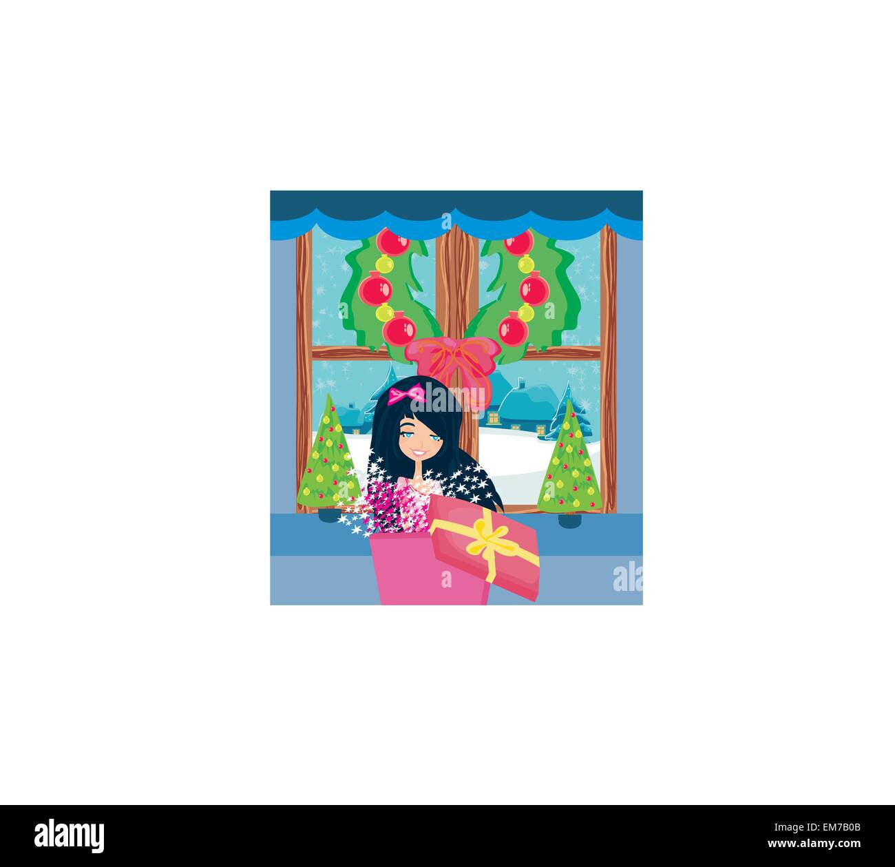 girl opening a Christmas present box with a wonderful surprise Stock ...