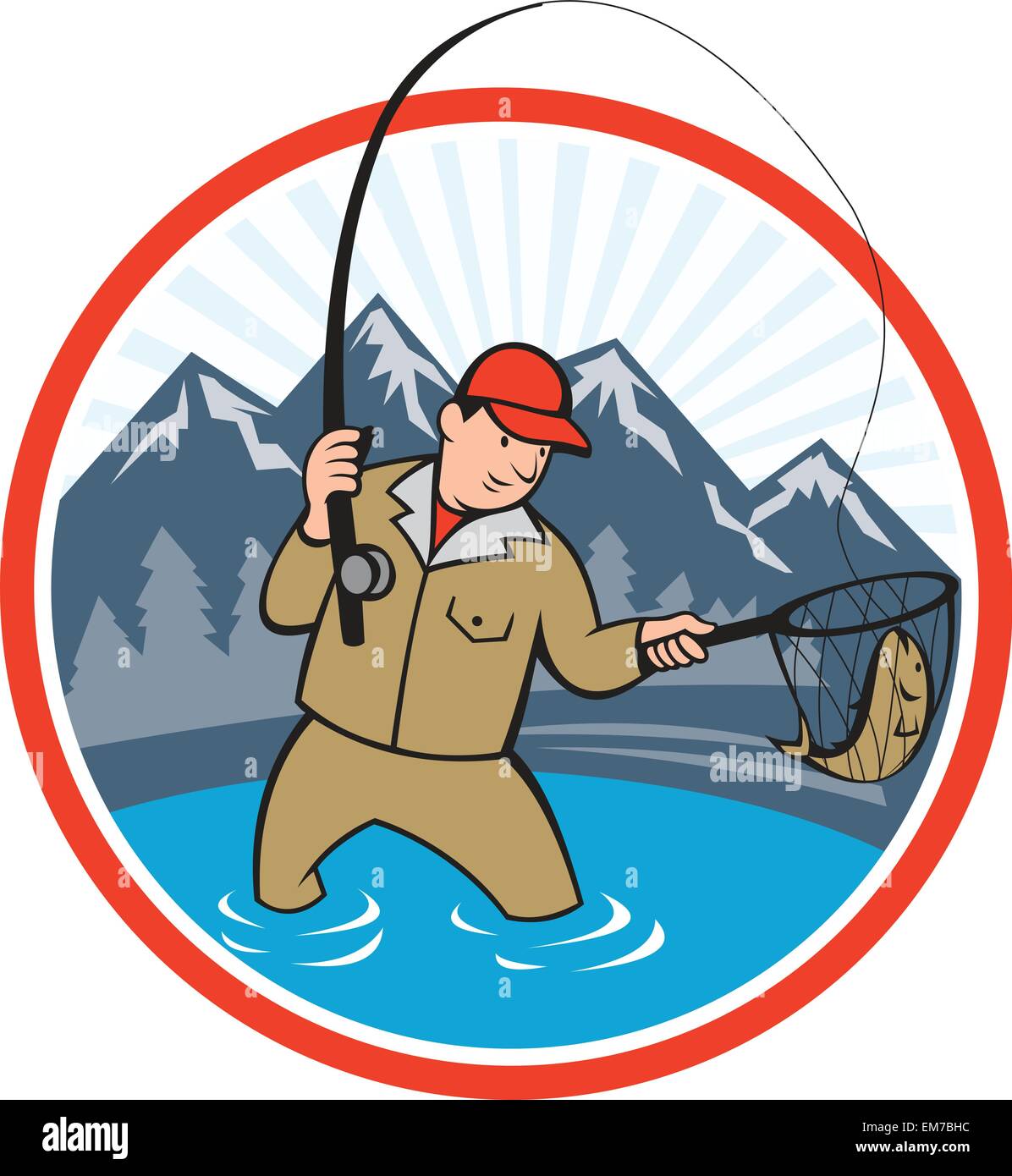 Fly Fisherman Catching Trout Fish Cartoon Stock Vector Image & Art - Alamy