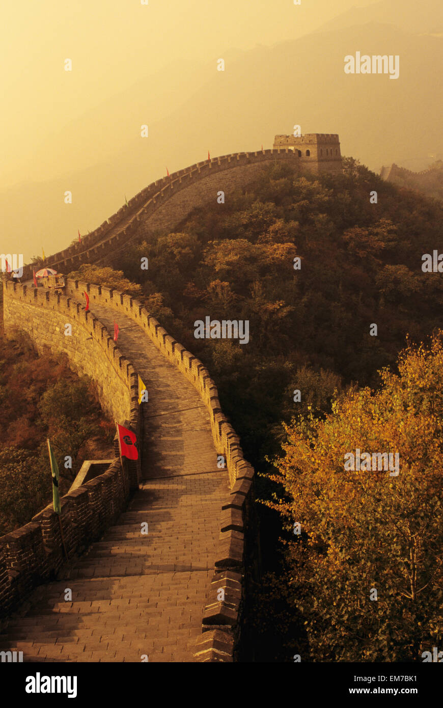 China, Mu Tian Yu, The Great Wall With Misty Yellow Sky, Flags Along ...
