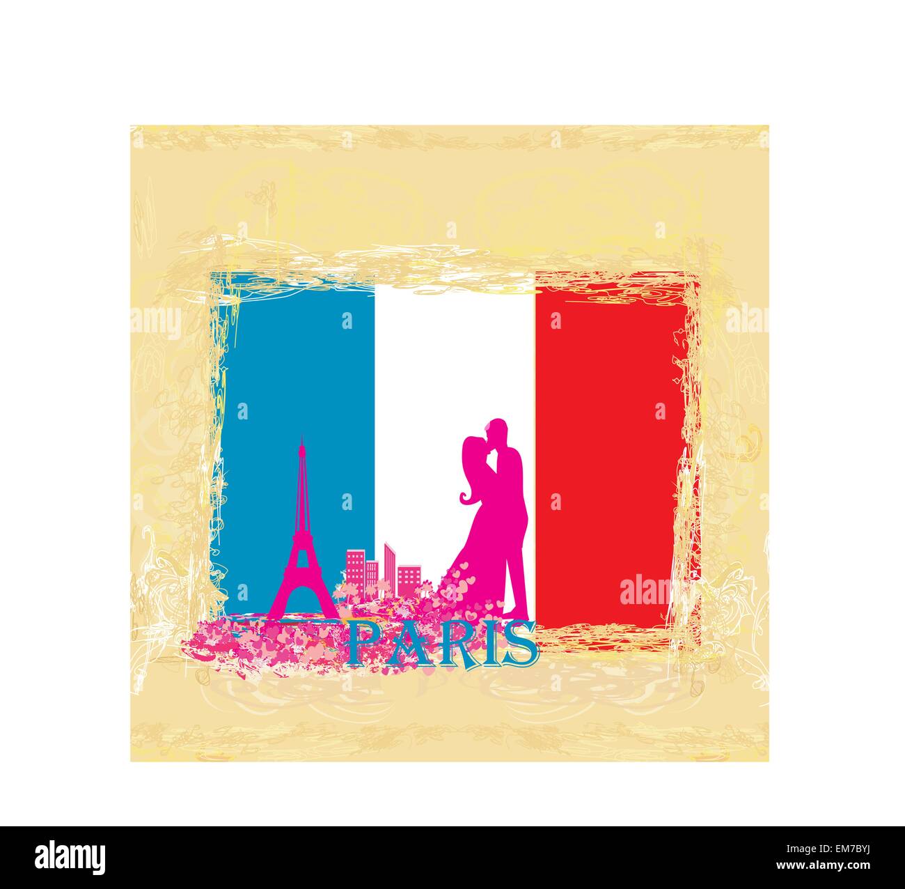 Couple love paris vintage card flag background silhouette Stock Vector ...