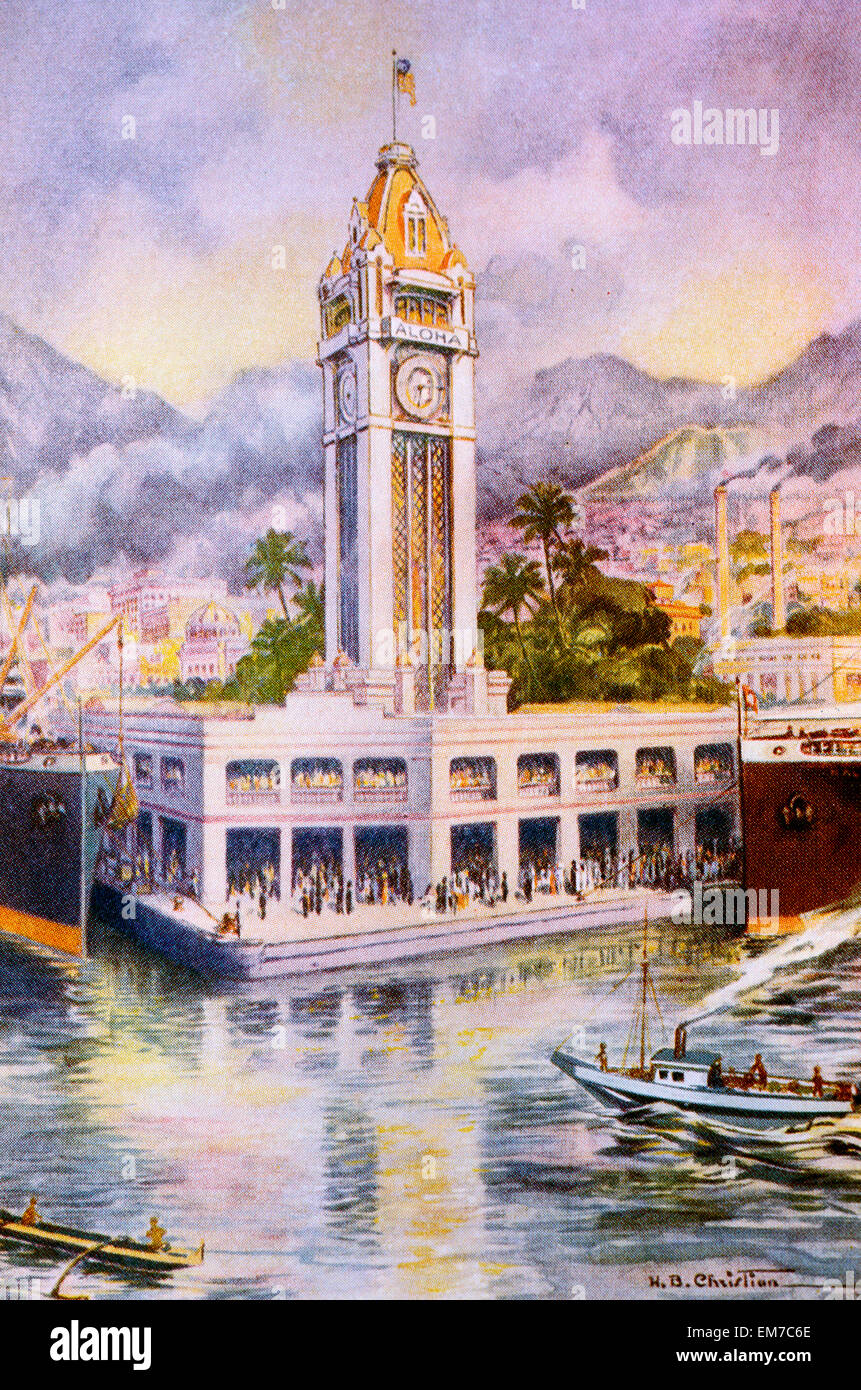 C.1923 H.B.Christian Art, Oahu, Honolulu, View Of Aloha Tower Stock ...