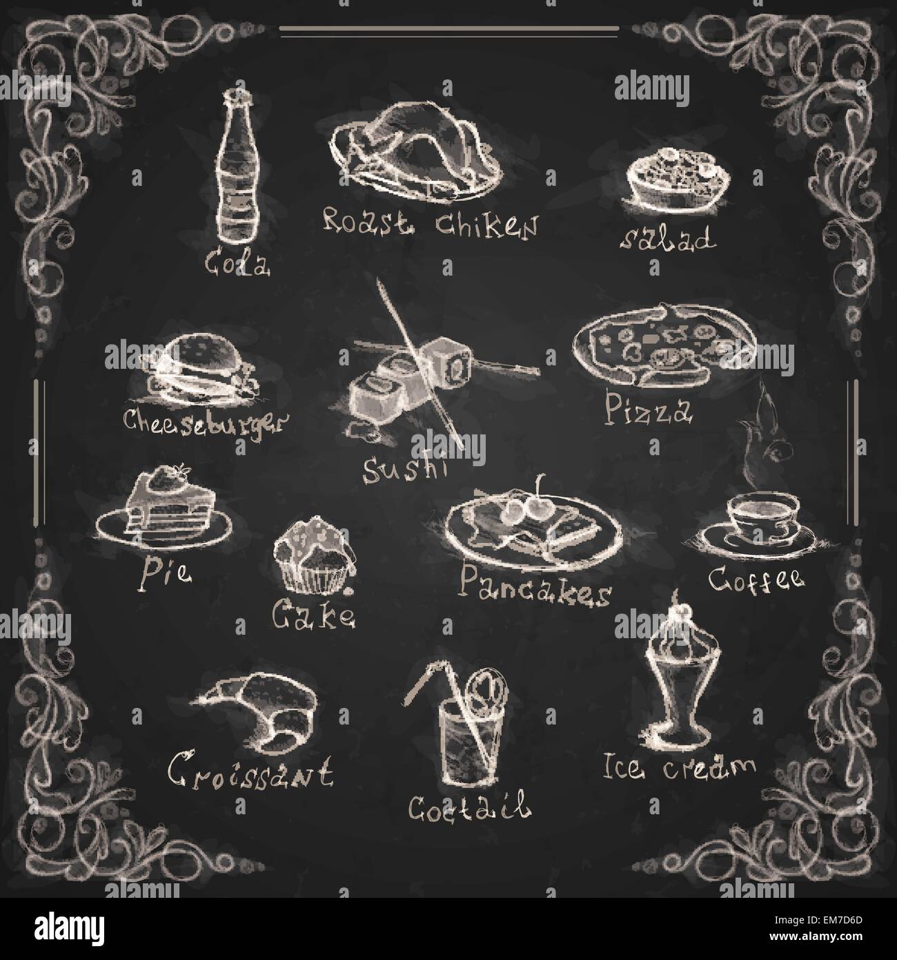 Chalkboard with food elements drawn hi-res stock photography and images ...