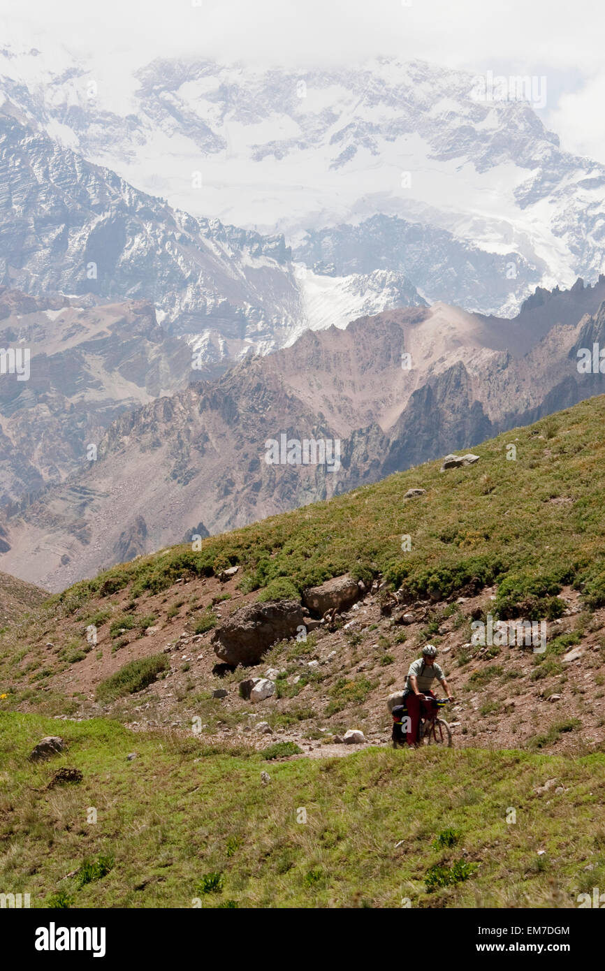 Man riding a mountain bike in Mount Aconcagua Provincial Park, Mendoza, Argentina Stock Photo ...
