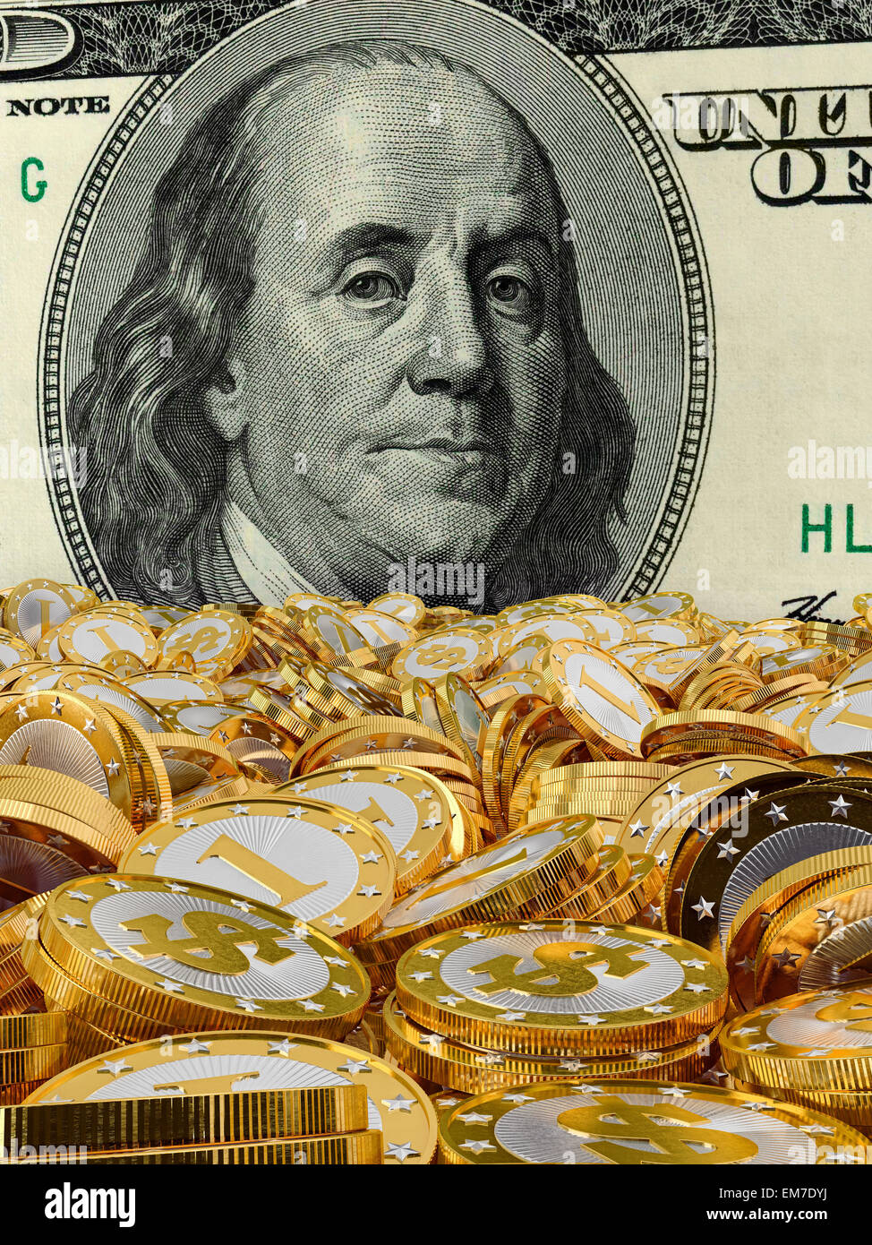 Golden Coins and Dollar Bill Stock Photo - Alamy