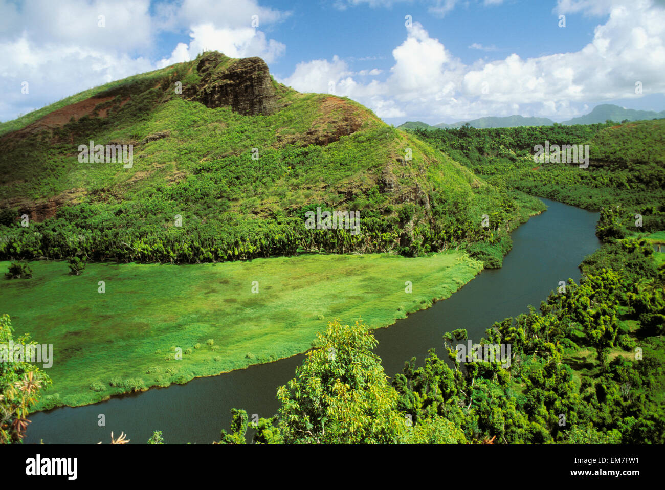 Hawaii, Kauai, Wailua, Wailua River Flows Calmly Through Green Hills ...