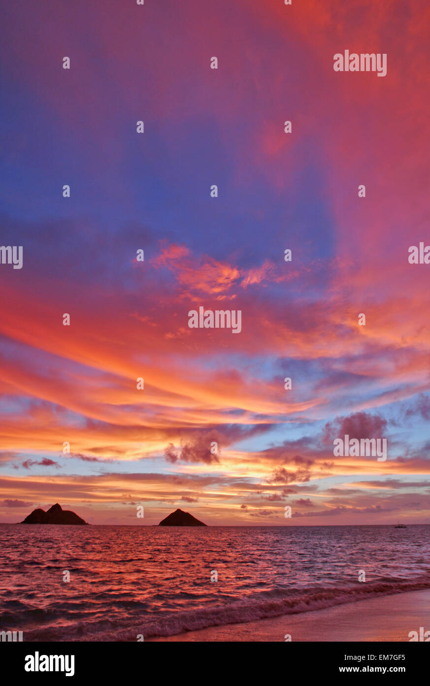 Hawaii, Oahu, Lanikai, A Colorful Pink Sunrise Over The Mokulua Islands ...