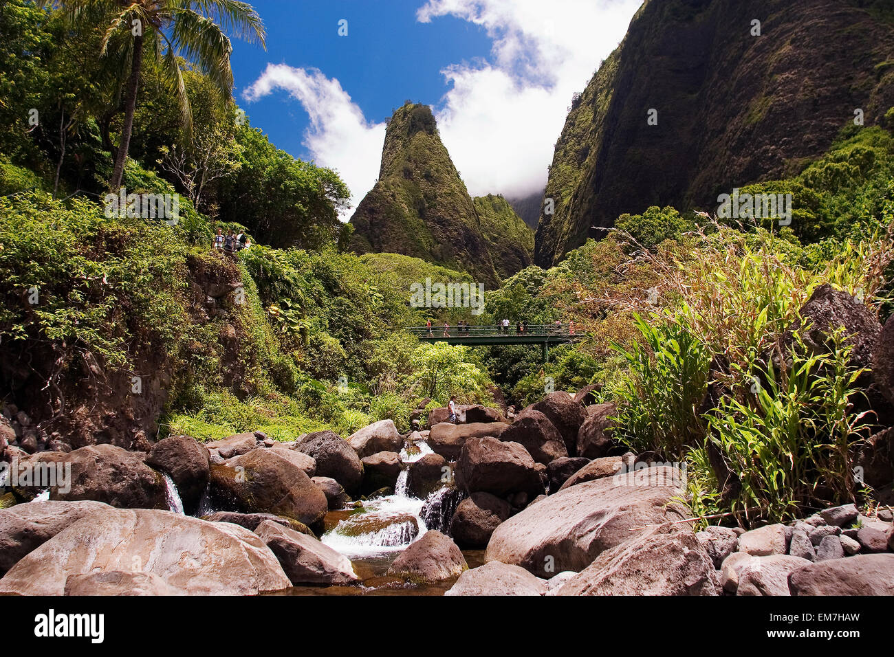 Hawaii, Maui, View Of Iao Needle With Stream, Blue Sky, Clouds Stock ...