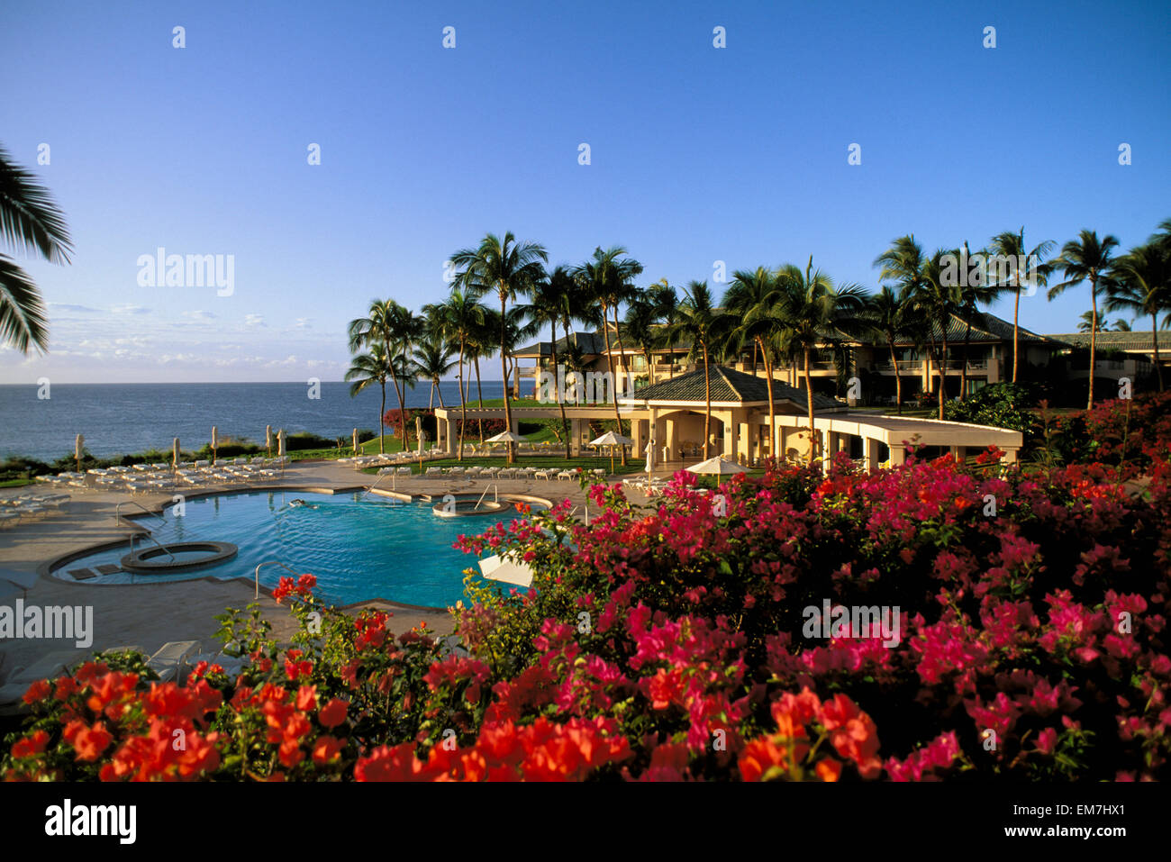Hawaii, Lanai, Manele Bay Hotel, Pool Area With Bouganinvillea, Ocean ...