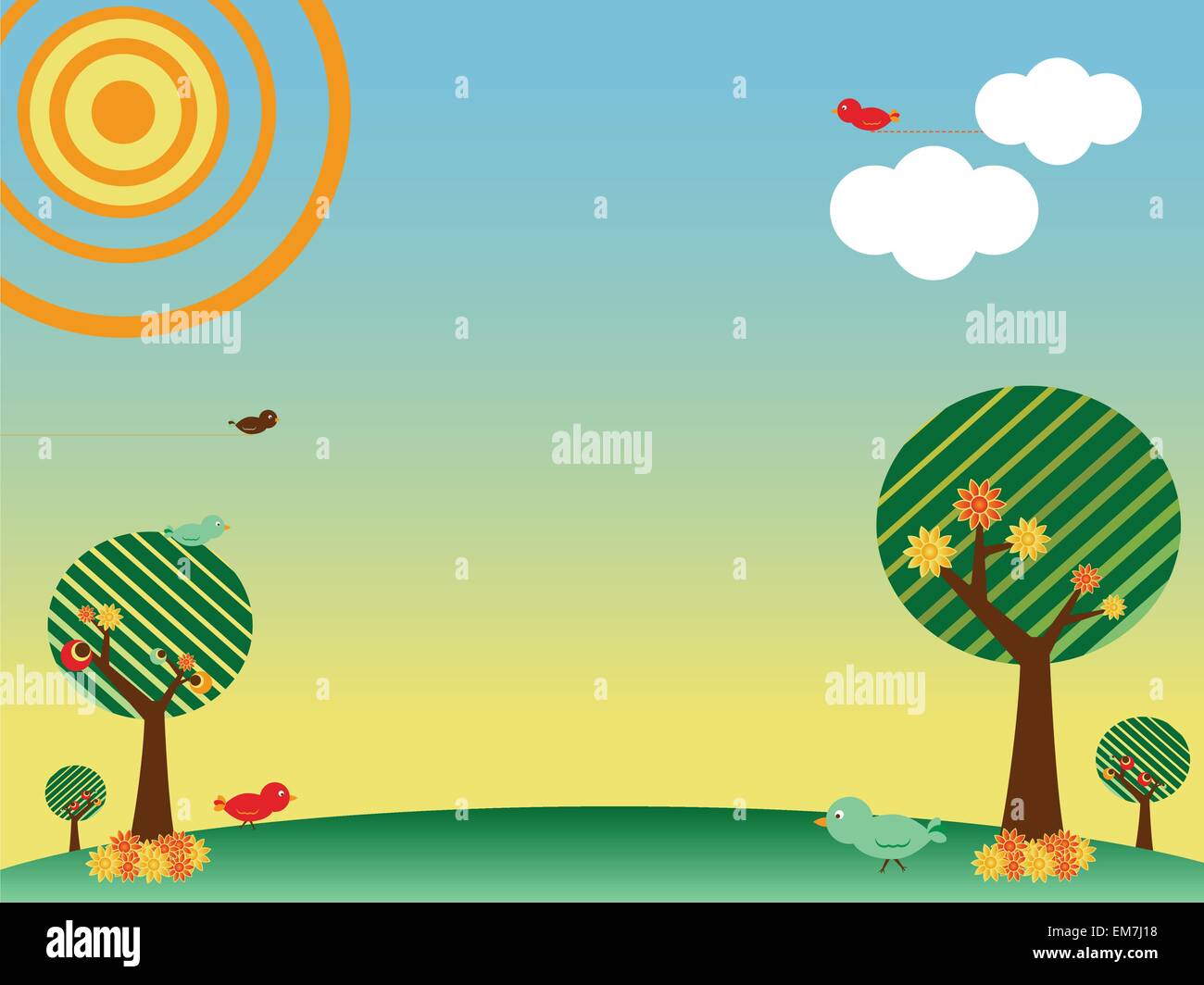 Retro spring landscape with birds and trees Stock Vector Image & Art ...