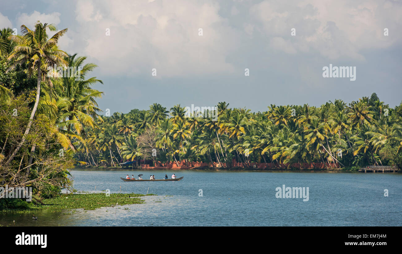 Boat, palm tree fringed backwaters canal system, Kerala, Malabar Coast ...