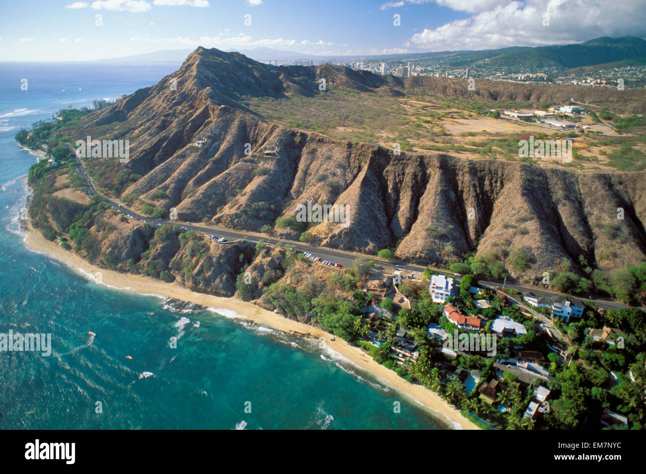 Hawaii, Oahu, Aerial Of Diamond Head Crater And Beach, Rugged Cliffs ...