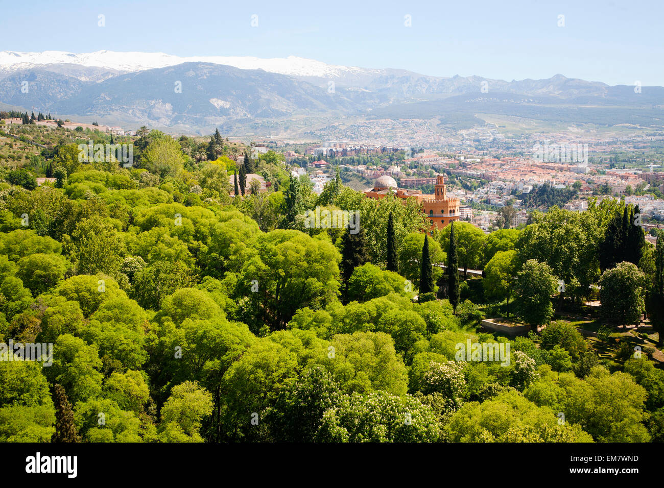Snow capped Sierra Nevada mountains viewed from the Alhambra, Granada ...