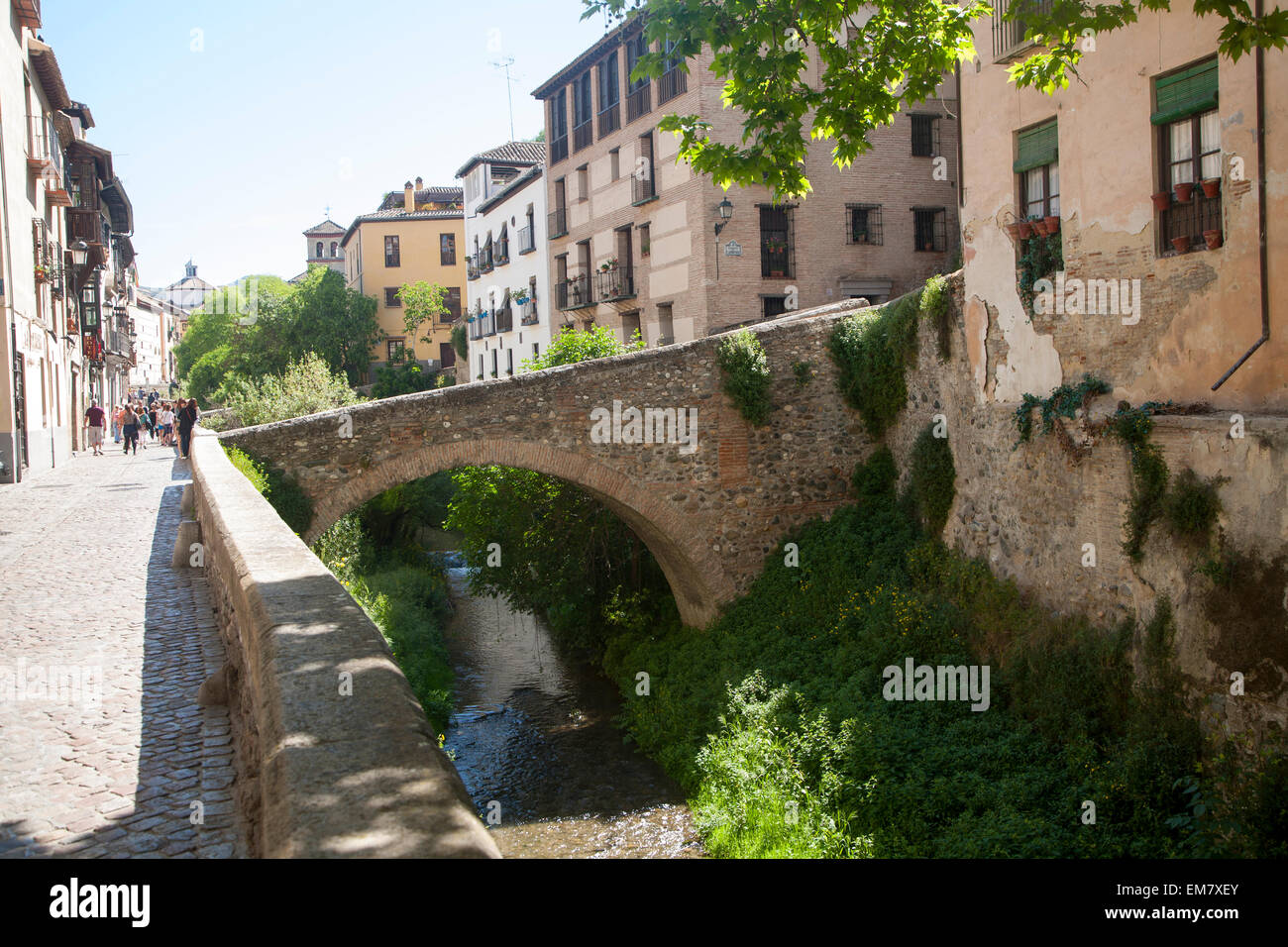 Historic buildings on Carrera del Darro and old bridge over the Rio ...
