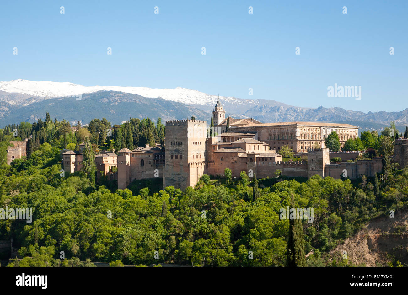 Snow capped peaks of the Sierra Nevada mountains and the Alhambra ...