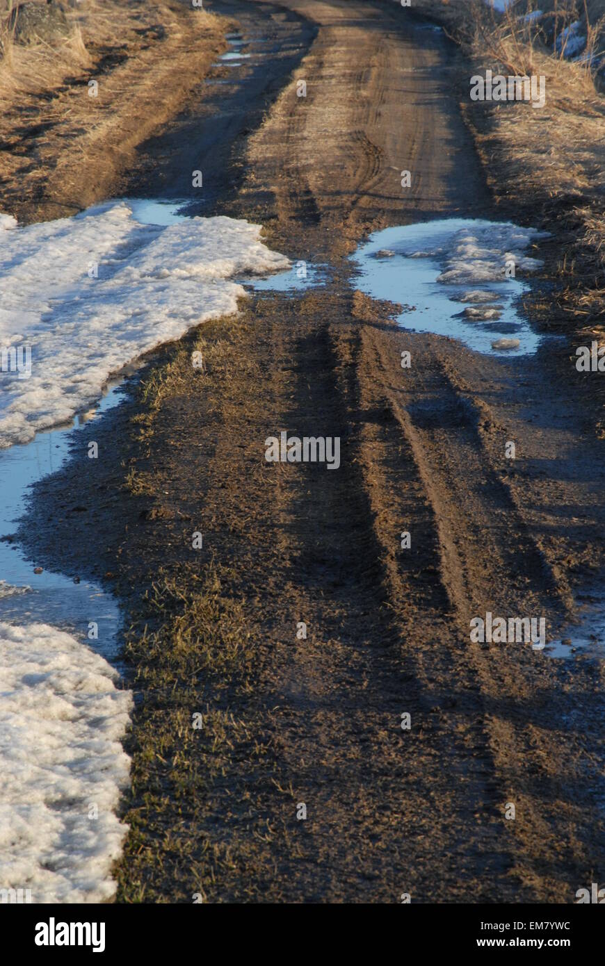 Melting snow on mud road Stock Photo - Alamy