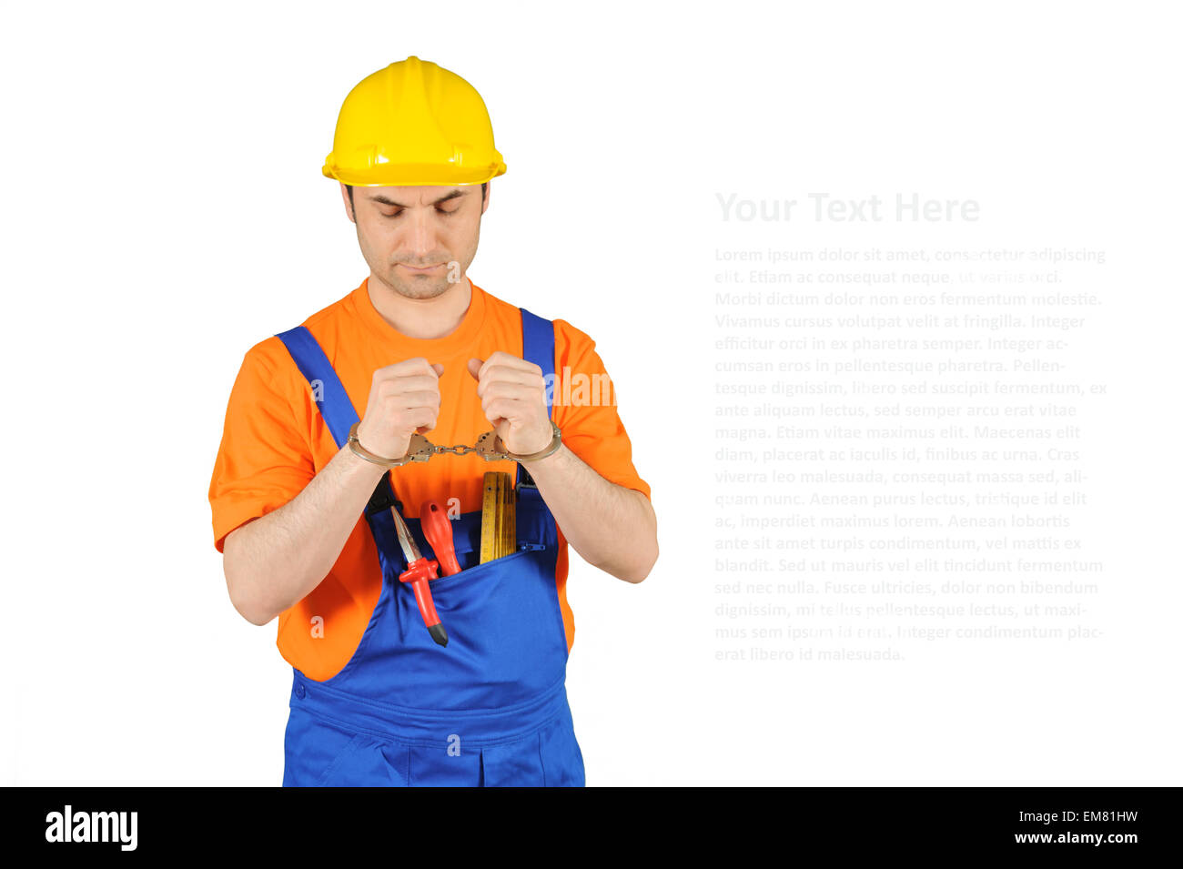 failure guilty laborer regretful criminal handcuffed hard hat blue ...