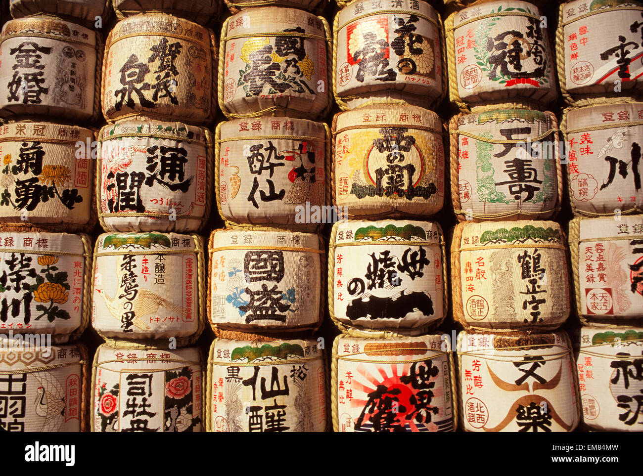 Japan, Beautifully Stacked Sake Containers With Colorful Japanese ...
