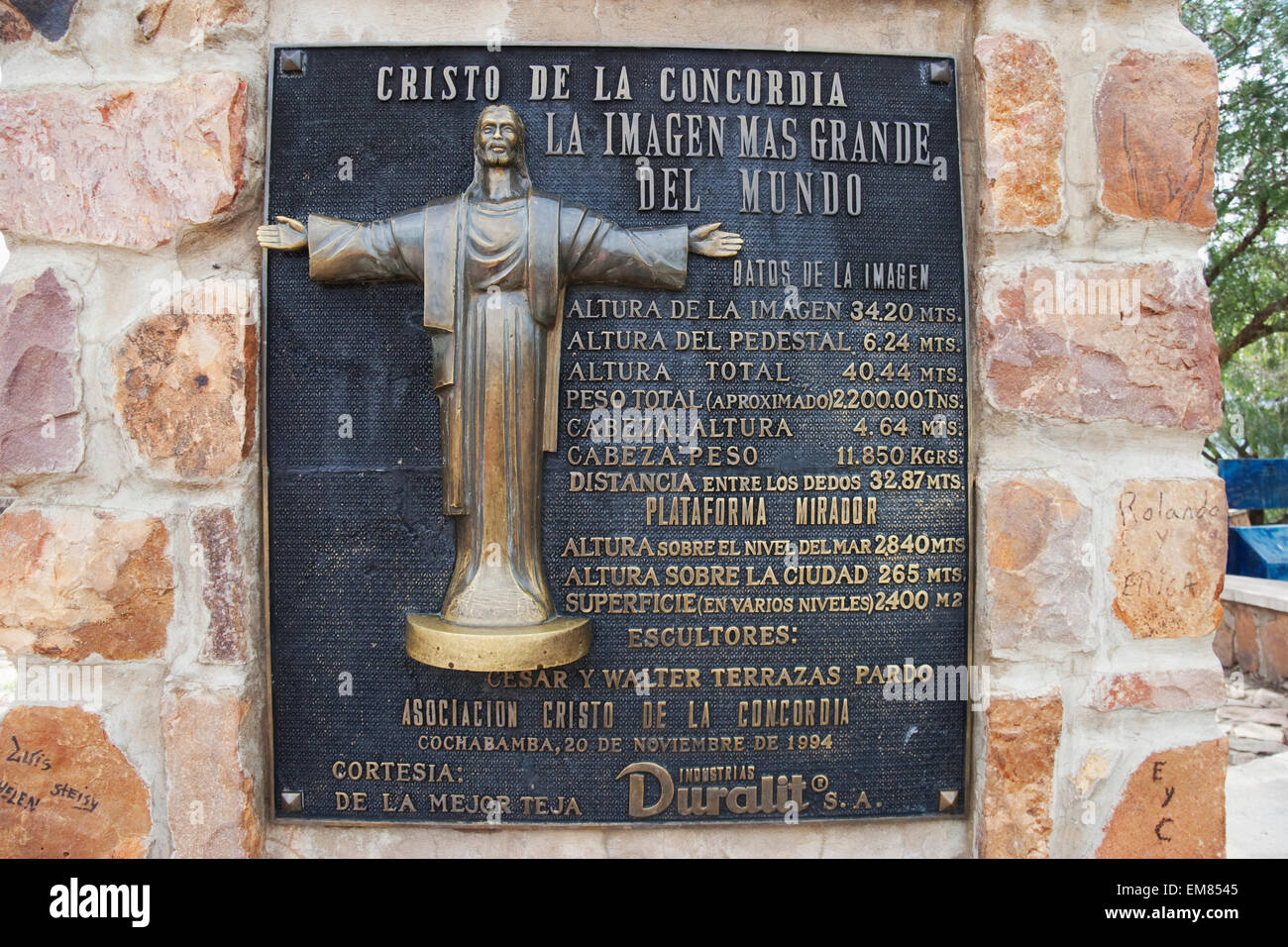 Plaque On The Statue Of Cristo De La Concordia, Cochabamba, Bolivia ...