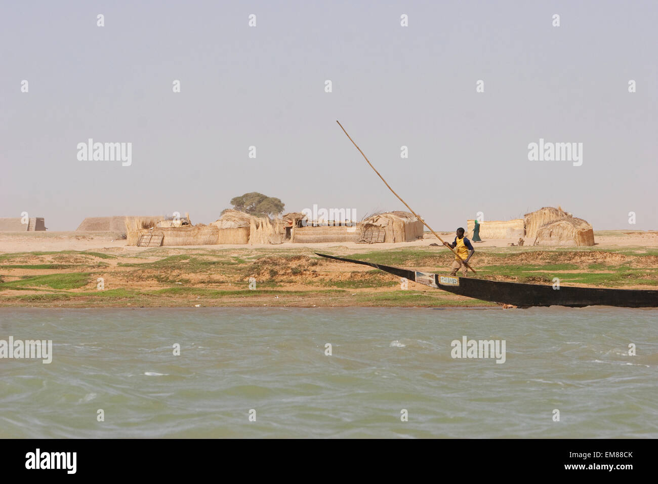 Man sailing boat along the shores of the Niger River between Mopti and ...
