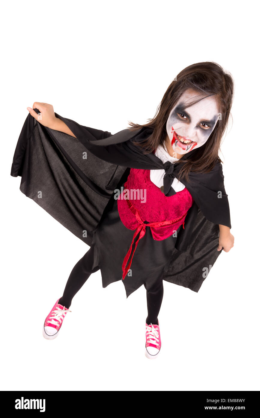 Girl with face-paint and Halloween vampire costume isolated in white ...