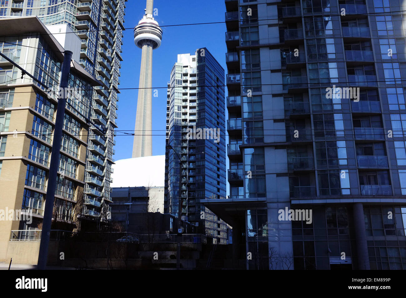 A view of the CN Tower in Toronto seen from the streets below Stock ...