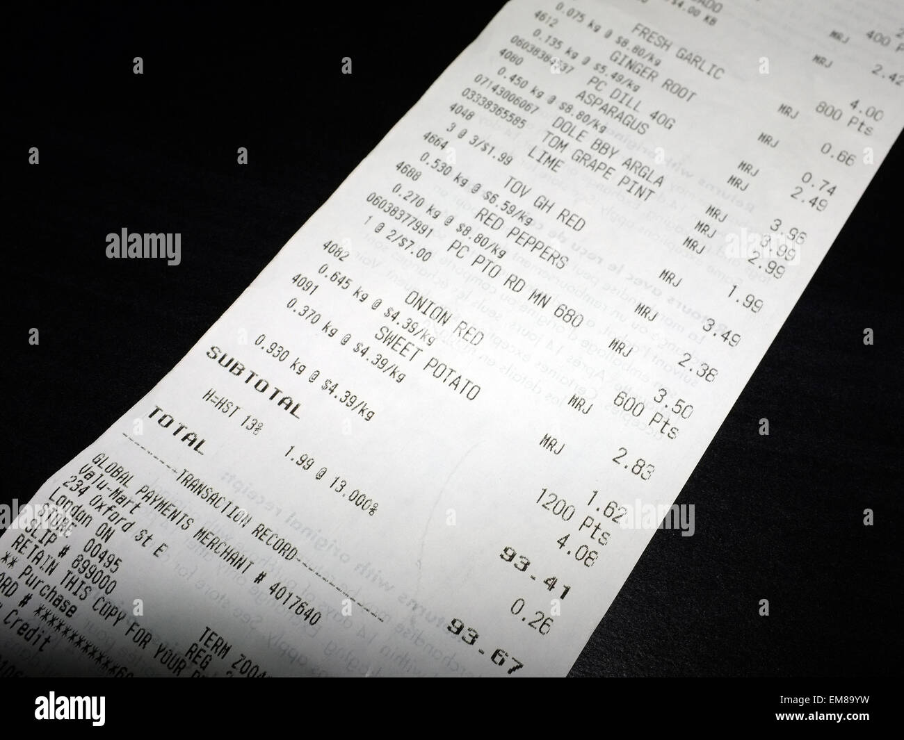 The total amount at the bottom of a long Canadian grocery receipt Stock ...