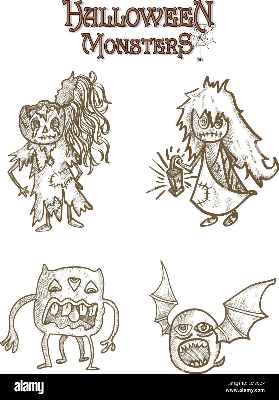 Halloween monsters scary sketch style cartoons set EPS10 file Stock ...