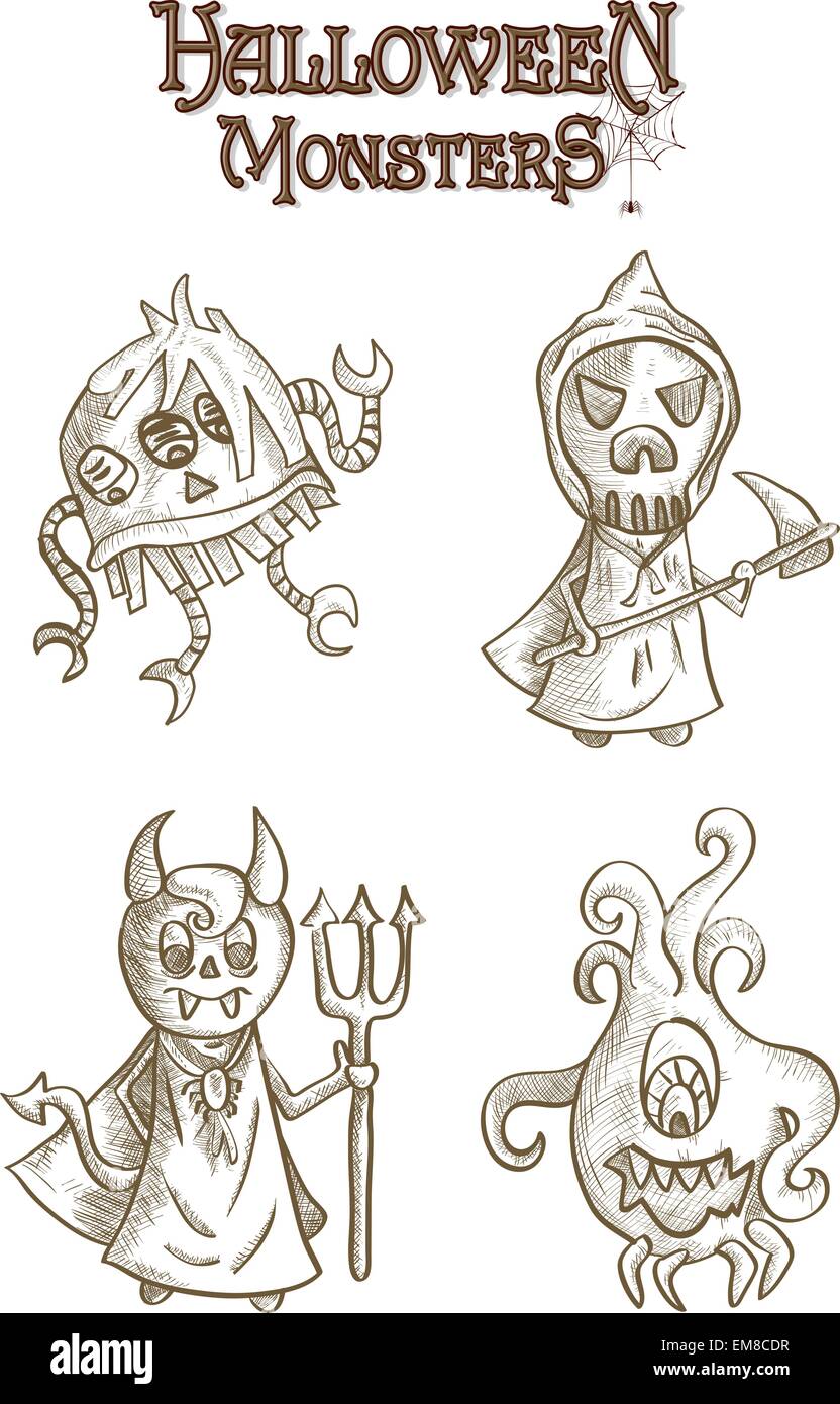 Halloween monsters scary sketch style cartoons set EPS10 file Stock ...