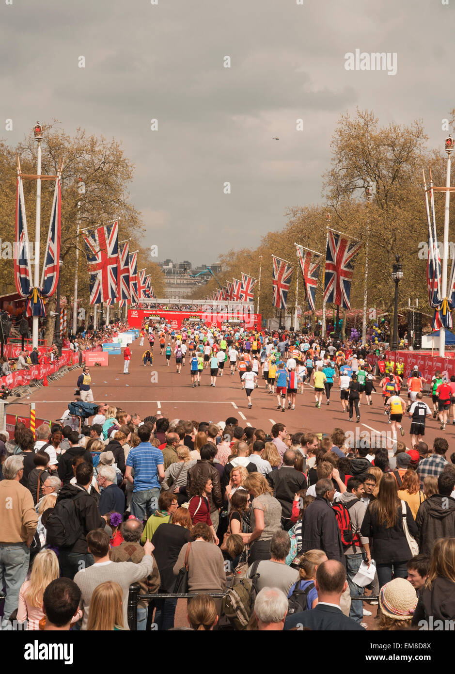 Marathon runners approach the finish line on Birdcage Walk during the ...