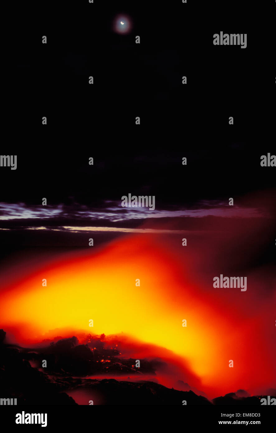 Hawaii, Big Island, Kilauea Volcano, Lava Meets The Sea Moon In Sky ...