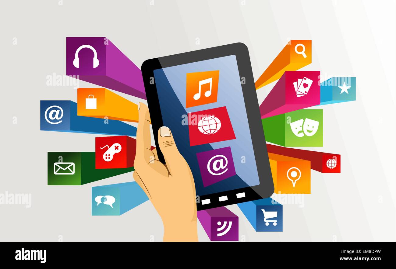 Human hand holds tablet pc with app icons Stock Vector Image & Art - Alamy