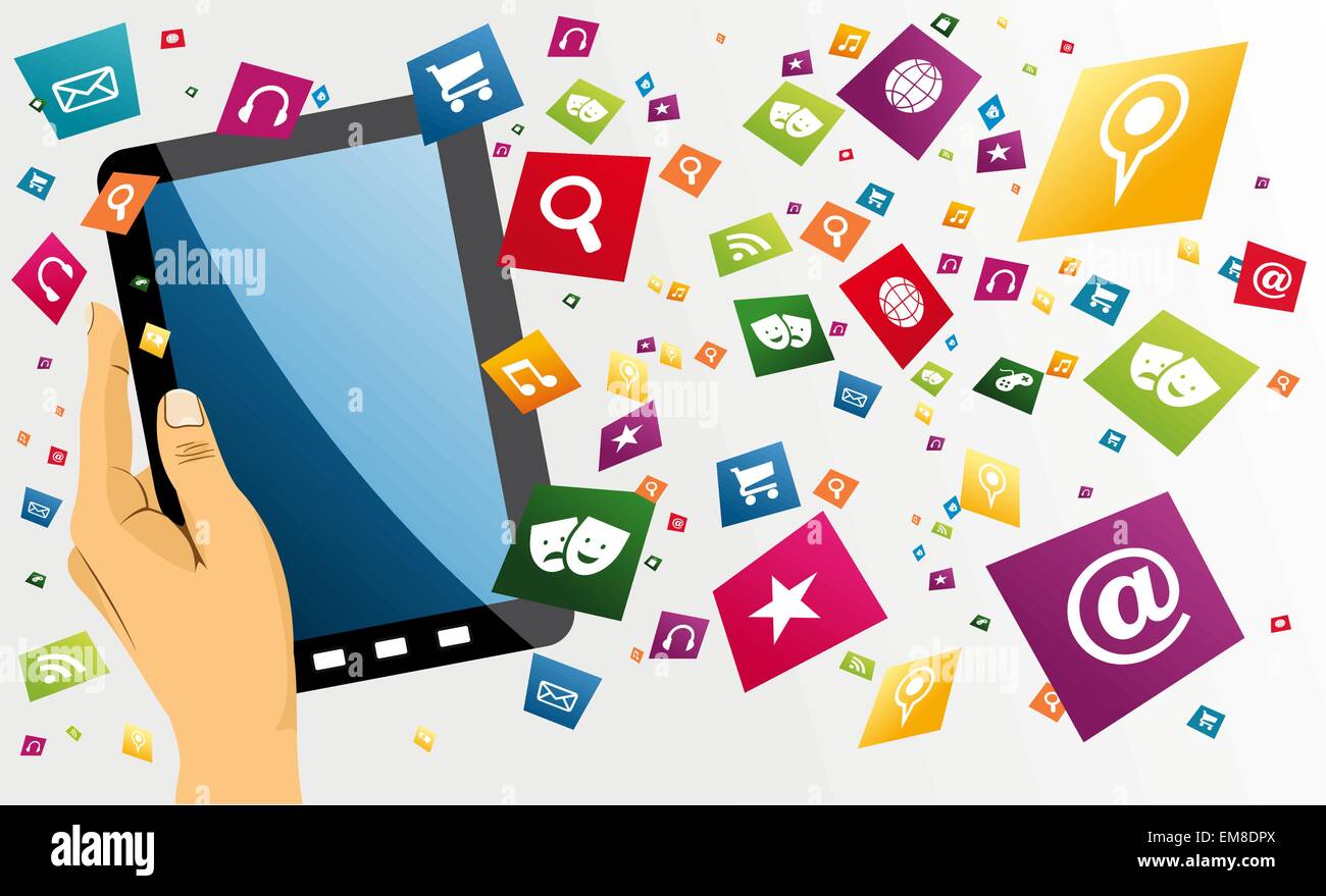 Human hand holds tablet pc with app icons Stock Vector Image & Art - Alamy