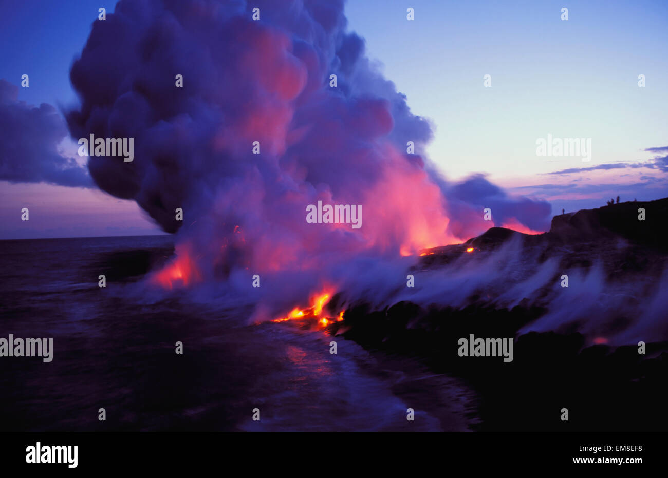 Hawaii, Big Island, Hawaii Volcanoes National Park, On Cliff Watch Lava Flow Into Ocean At ...