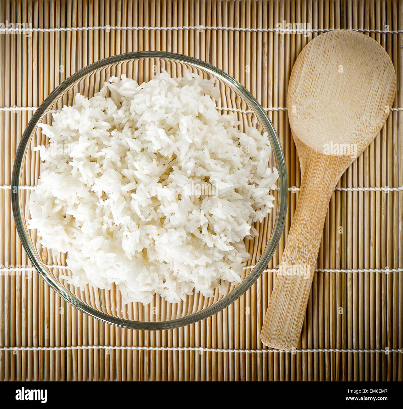Steamed rice on bamboo background. Asian cuisine concept Stock Photo ...
