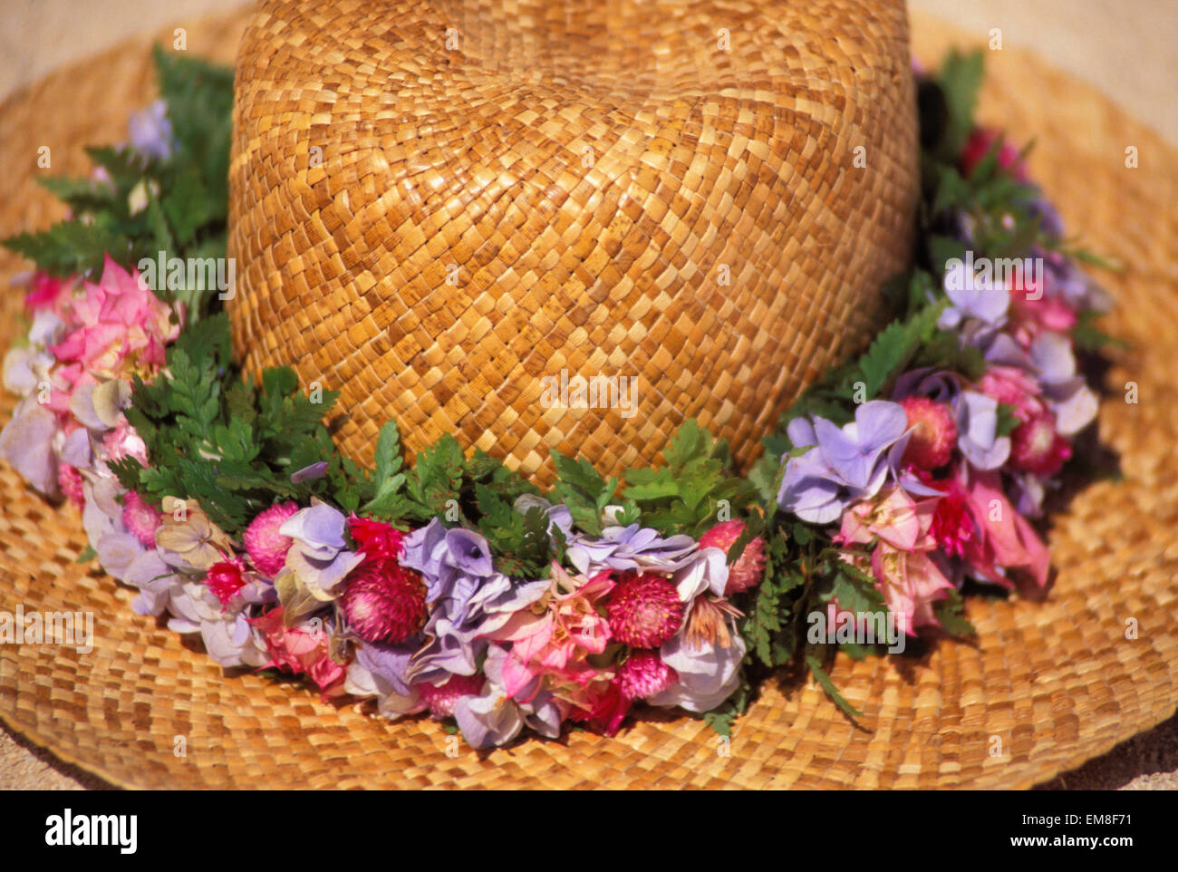 Straw Hat With Flower Rim Stock Photo - Alamy