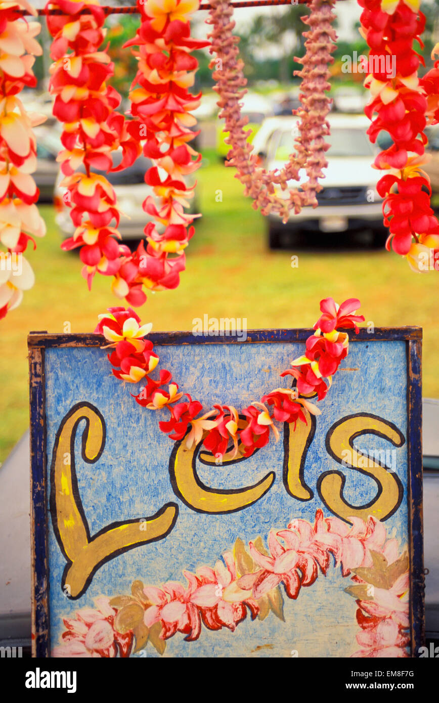 Hawaii, Big Island, Hilo, Lei And Flower Stand Sign Stock Photo - Alamy