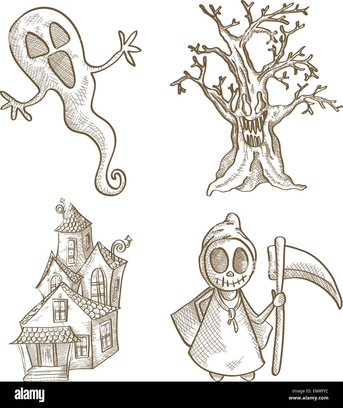 Halloween classics isolated sketch style creatures set Stock Vector ...