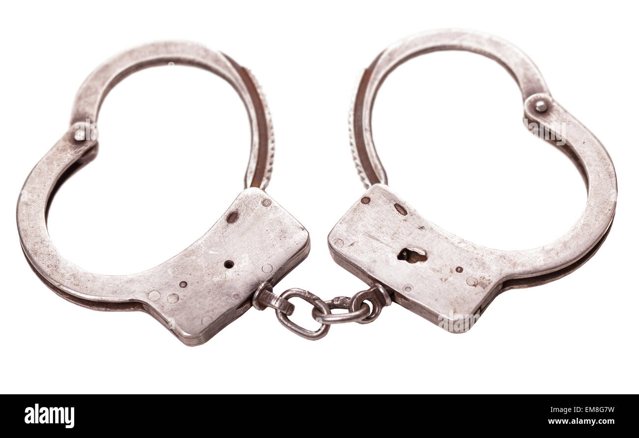 made of metal handcuffs isolated on a white background Stock Photo - Alamy