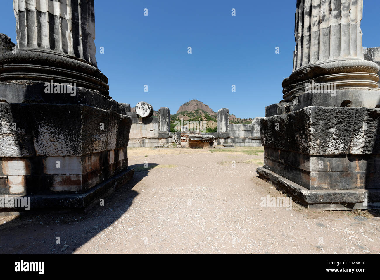 View of the columns standing on pedestals at the east end (rear) of the ...