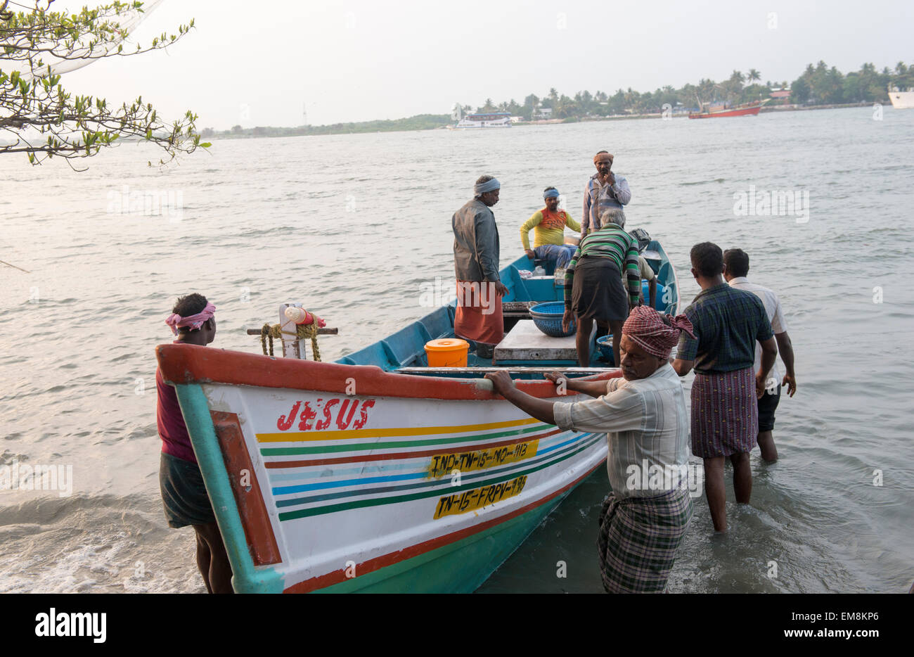 Fishermen bringing in and selling the days catch, Fort Kochi Kerala ...