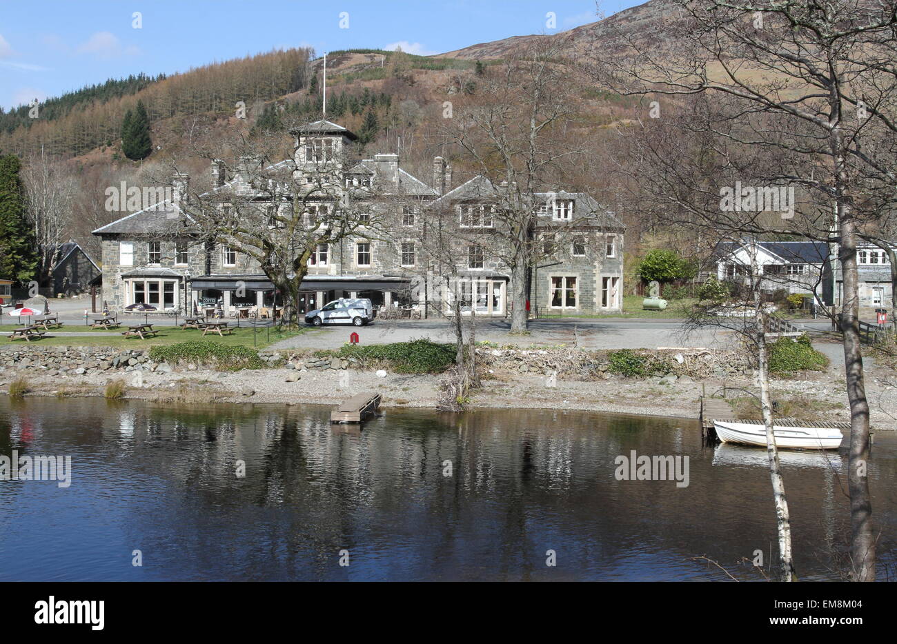 Coffee shop in former Drummond hotel and shore of Loch Earn St Fillans ...